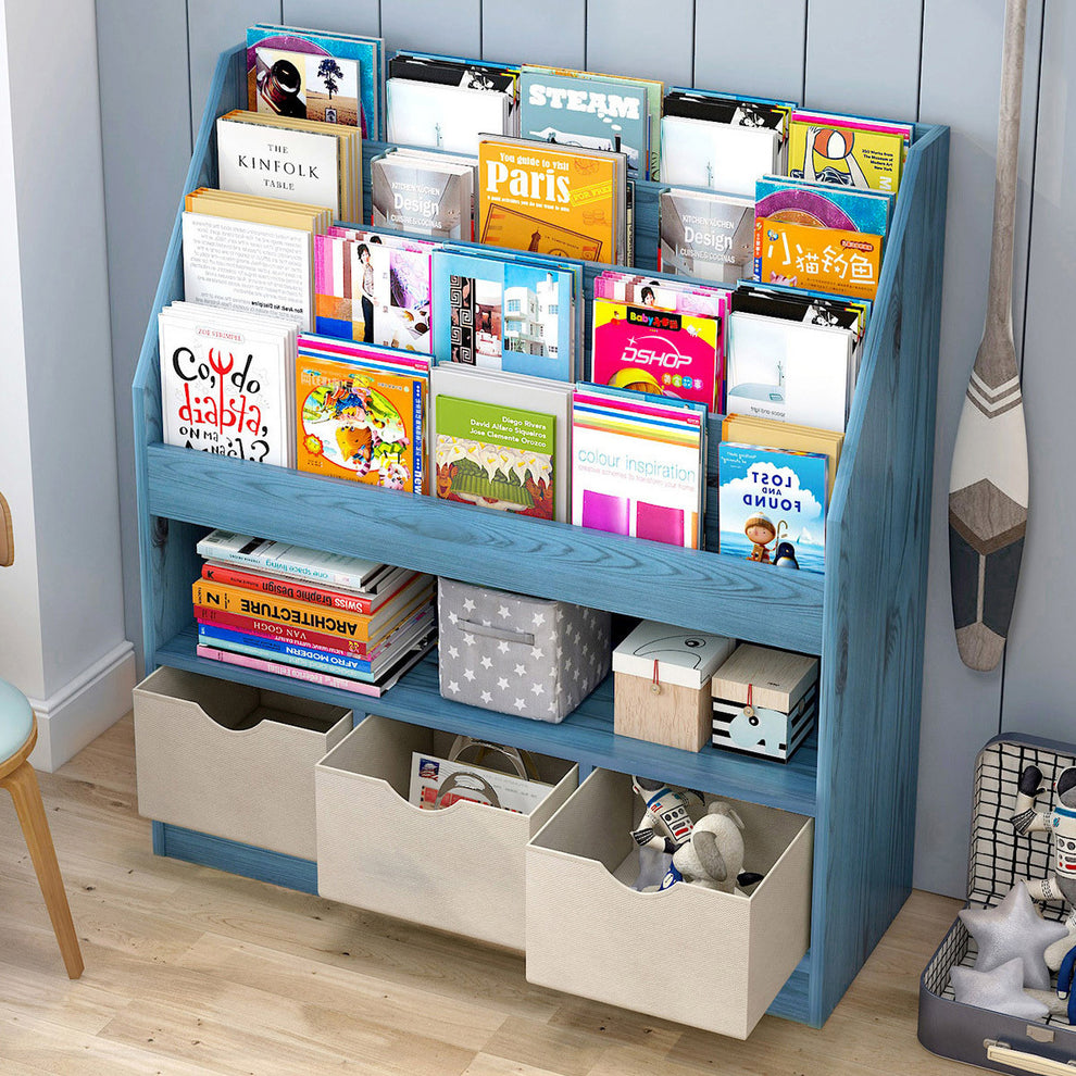 Clover Large Bookcase Storage Shelf Magazine Rack with Drawers (Blue ...
