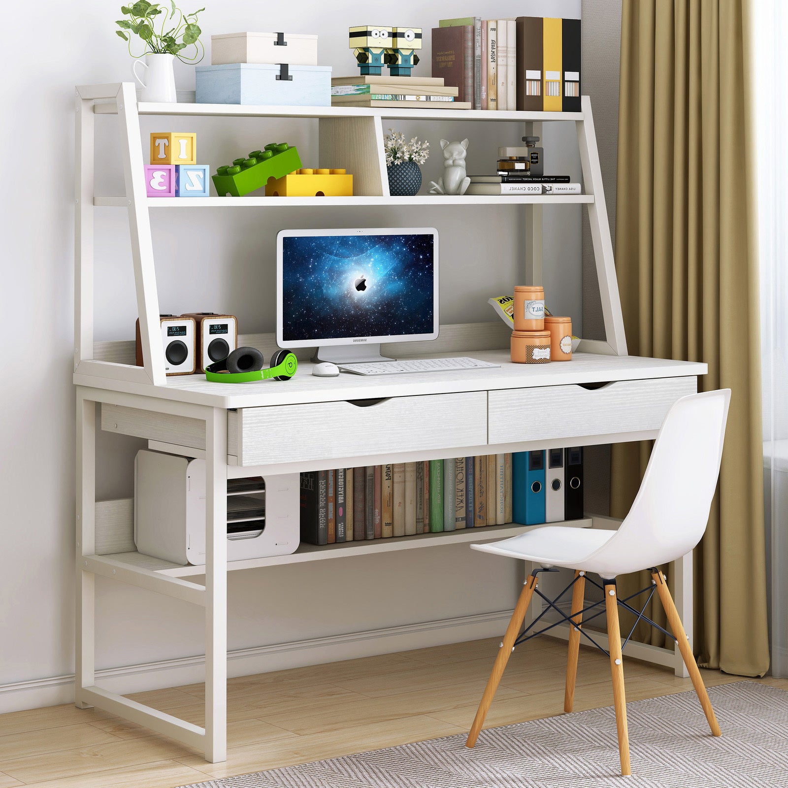 Enterprise Large Computer Desk Workstation with Shelves & Drawers (Whi ...