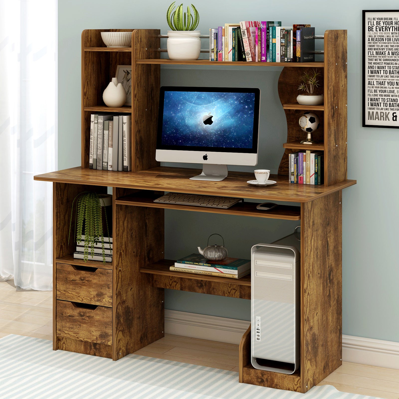 Expert Computer Desk Workstation with Shelf & Cabinet (Rustic Wood ...